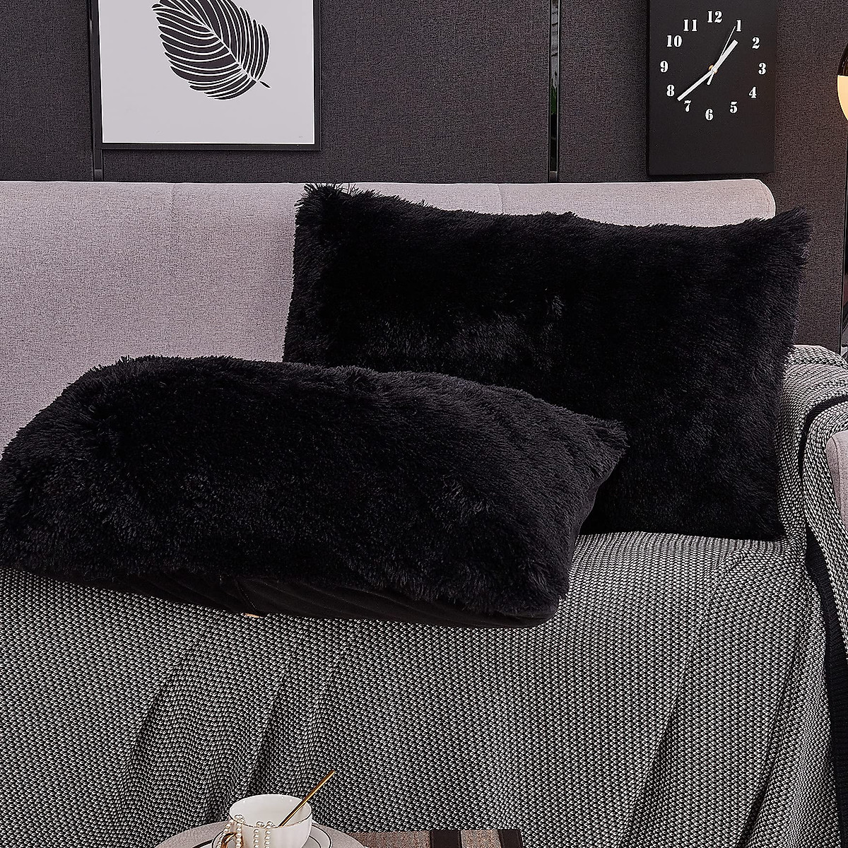 WERDIM Shaggy Fluffy Faux Fur Pillowcases 2 Pack Button Closure Velvet Pillow Shams Standard/Queen Size (Black, 20 X 26 Inches)