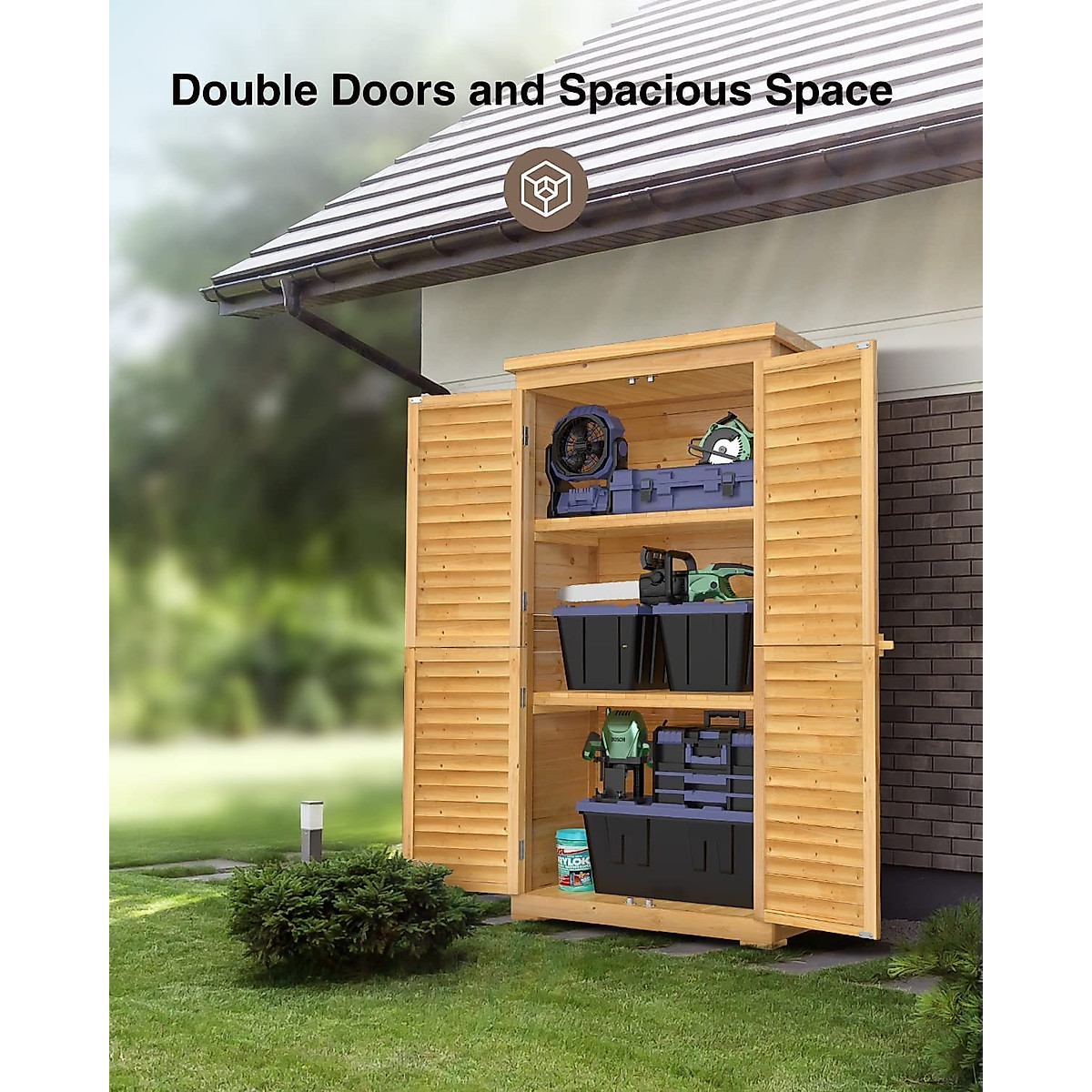 63.2" Outdoor Storage Cabinet with 3 Detachable Shelves, Lockable Wooden Garden Shed with Asphalt Roof, Vertical Tool Storage Shed for Backyard Patio Lawn Deck