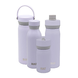 BUILT Cascade Double Wall Vacuum Insulated Stainless Steel Wide Mouth Water Bottle with Comfort Grip and Carry Handle Lid, 20 ounces, Lavendar
