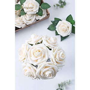 Floroom Artificial Flowers 50pcs Real Looking Cream Foam Fake Roses with Stems for DIY Wedding Bouquets Bridal Shower Centerpieces Floral Arrangements Party Tables Home Decorations