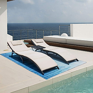 VICTONE Lounge Chairs for Outside, 3 Pieces Patio Chaise Set Outdoor Poolside PE Rattan Reclining Chair with Cushion and Folding Table (Beige)