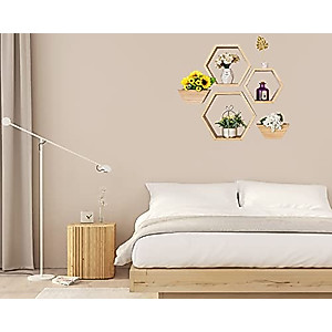 Aumneppa Hexagon Floating Shelves Set of 5, Wall Mounted Wood Farmhouse Storage Honeycomb Wall Shelf and Plant Pots for Wall Decor, Bathroom, Kitchen, Living Room, Office and More (Natural)