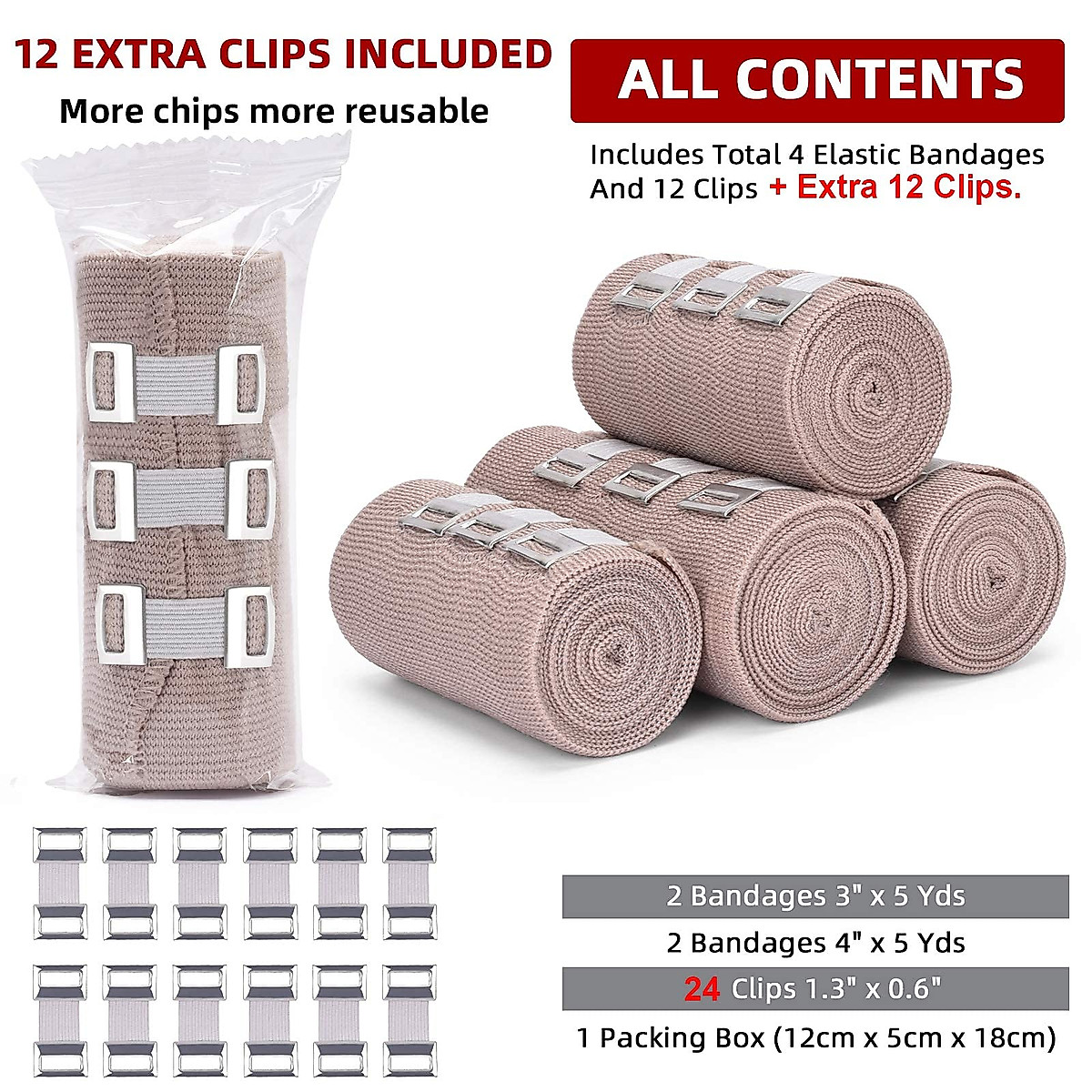 FRESINIDER Elastic Bandage Wrap 4 Pack(2 X 3" + 2 X 4" Wide Rolls) + 24 Clips | Stretch Compression Bandage Stretches up to 15ft | Ideal for Medical, Sports, Sprains, Calf, Ankle & Foot