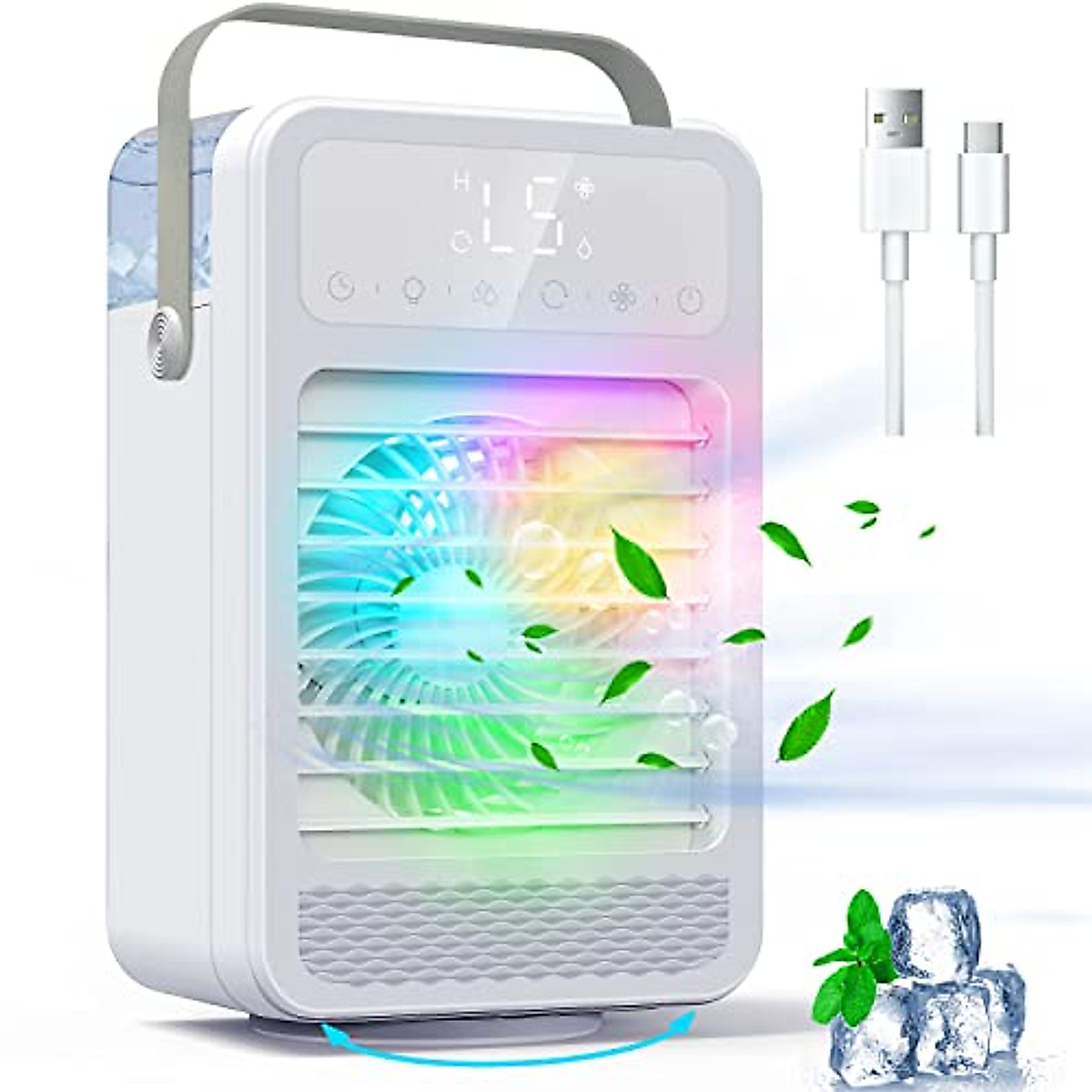 Personal Air Cooler, 90° Oscillated Evaporative Portable Air Conditioners, 5 Wind Speeds Quiet Mini Air Conditioner with Gradient Color Light/Humidifier/1-8H Timing for Desktop Home Office 600ML