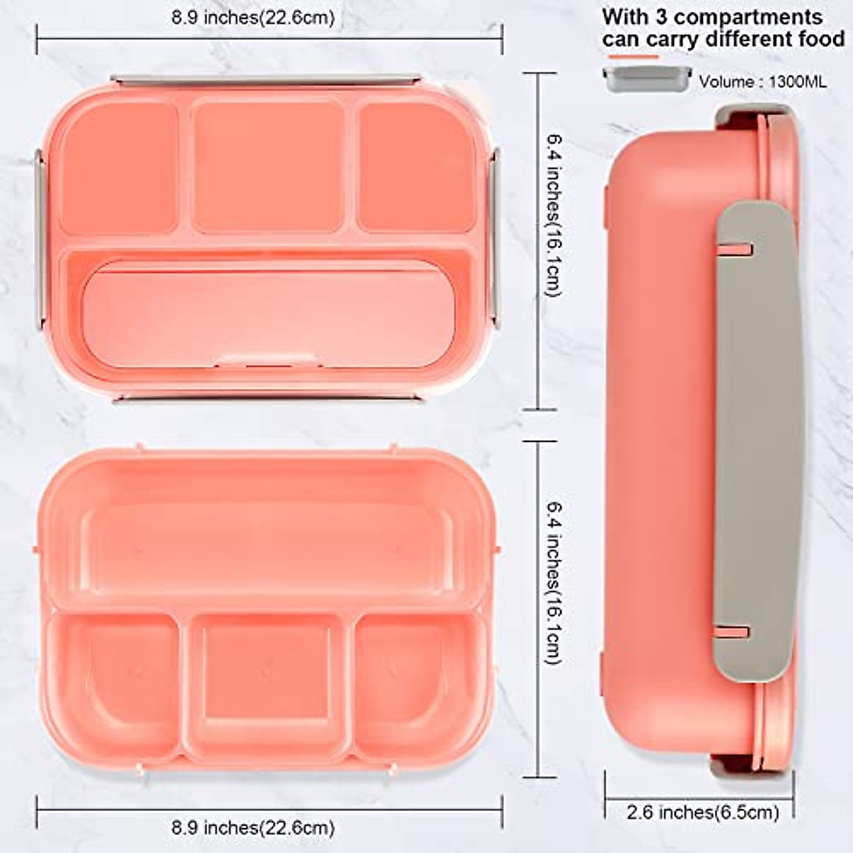 Amathley Lunch Box Kids,Bento Box Adult Lunch Box,Lunch Containers for Adults/Kids/Toddler,1300ML-4 Compartment Bento Lunch Box,Microwave & Dishwasher & Freezer Safe,BPA Free (Pink)