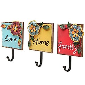 MyGift Wood and Metal Wall Coat Hooks, Hanging Key Holder Rack, Entryway Wall Decoration with Tropical Flower and Family, Home, Love Design, 3 Piece Set