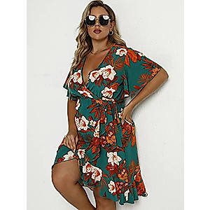 Floerns Women's Plus Size Striped Print Wrap V Neck Short Sleeve A Line Dress Green Multi 1XL