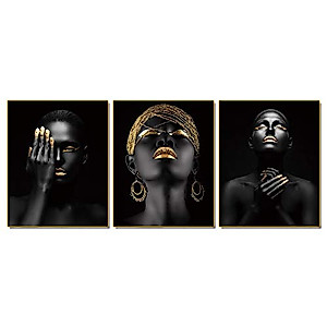 African American Wall Art Painting Black Woman Fashion Pop Gold Earrings Black Set of 3 (8”X10” Canvas Picture) Queen Portrait of Black Woman Room Poster Art Painting Bedroom for Home Decor Gift