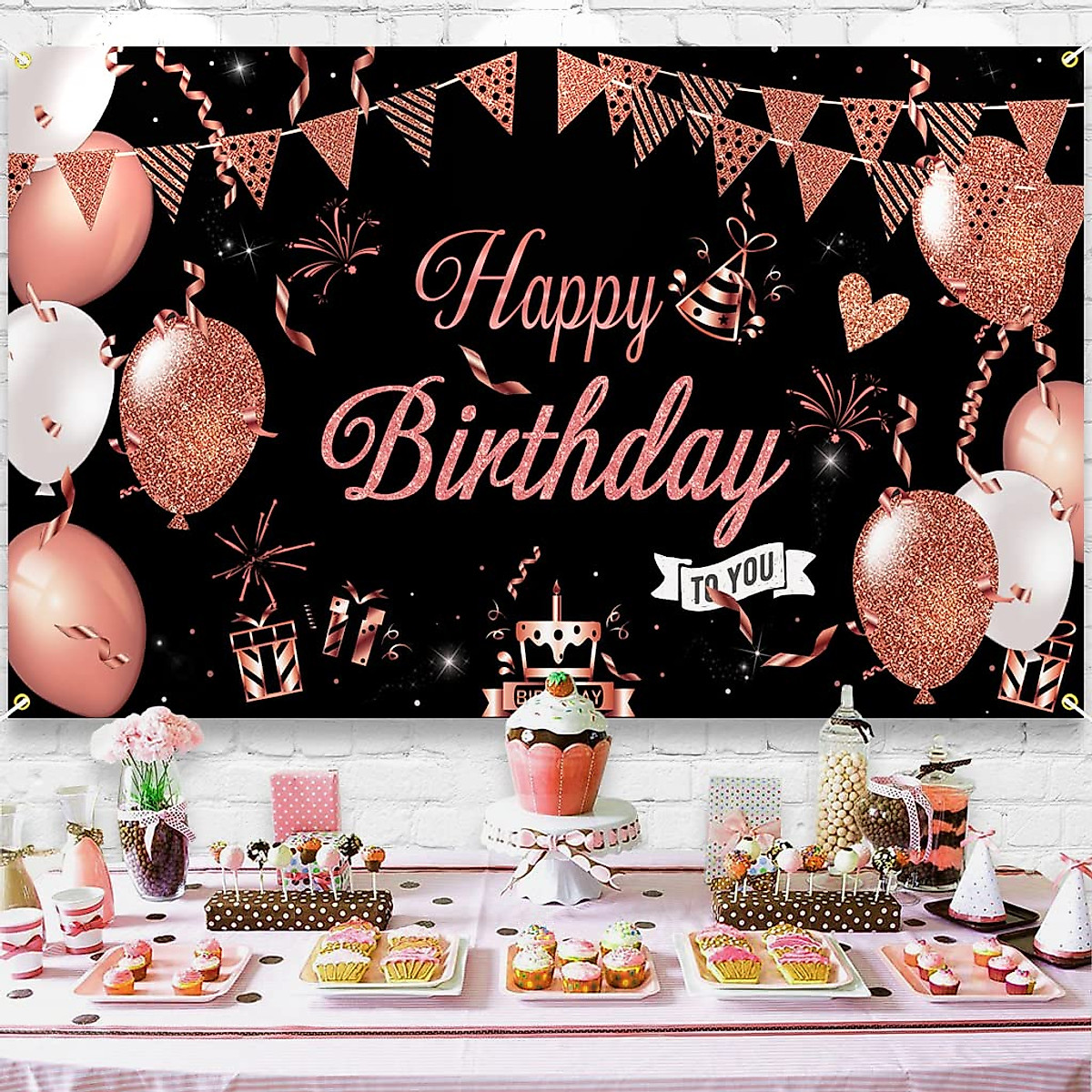 KOKAR Happy Birthday Decorations Banner, Large Black and Rose Gold Happy Birthday Banner Sign, Happy Birthday Backdrop for Girls Women Birthday Party Decorations