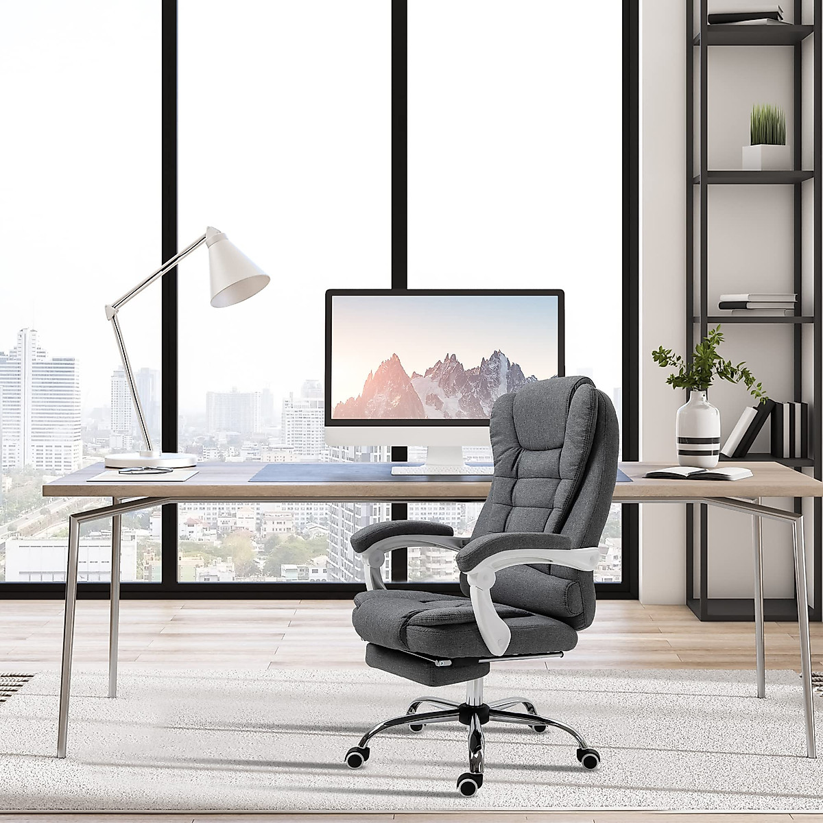 Vinsetto High-Back Executive Office Chair with Footrest, Linen-Fabric Computer Chair with Padded Armrests, Ergonomic Office Chair, Gray