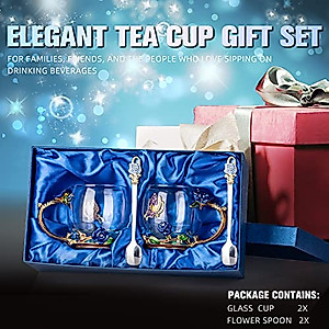 SHEEYEE Glass Coffee Mugs with Spoon, Enamel Butterfly Rose Flower Tea Cups with Decorative Handle Tea Sets for Women Gift 11 oz.(2 Sets)