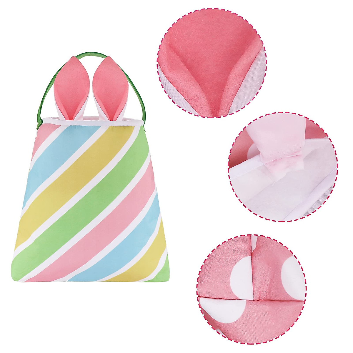 Ivenf Easter Egg Hunt Basket Bag: 3ct Cute Pink Blue Green Easter Bunny Ears Gift Bag for Easter Basket Egg Hunt Games, Kids School Home Office Party Supplies, Spring Decorations