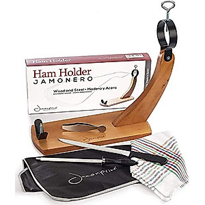 Ham Serrano Kit: Ham Stand Jamonprive with Non-slip Pads + Ham Carving Knife + Ham Cover Black + Ham Tongs