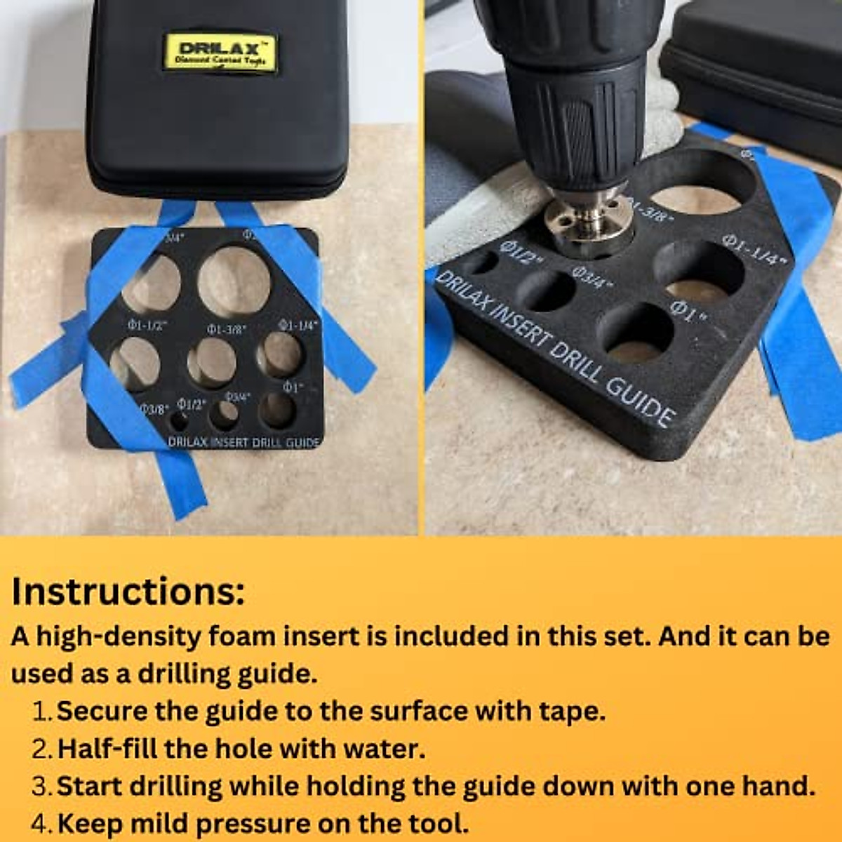 Drilax Diamond Hole Saw Set with Template Guide 0.25 to 2 inches 10 Pieces for Ceramic Porcelain Glass Tiles Quartz Granite Drilling 1/4, 3/8, 1/2 (0.5), 3/4, 1, 1 1/4, 1 3/8, 1 1/2, 1 3/4, 2 inches