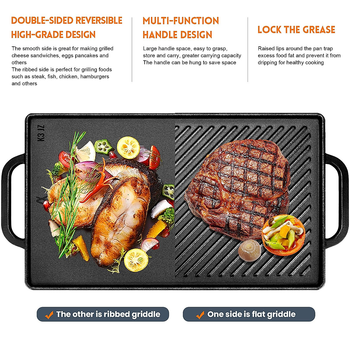 GGC Cast Iron Reversible Griddle, Double-sided Griddle Pan for Indoor and Outdoor Cooking, 15 x 9 Griddle Plate with Flat and Ribbed Side for Stove Tops, Gas Grills and Camping
