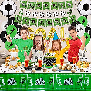 Soccer Party Supplies - 3 Set Soccer Themed Happy Birthday Banners, 1 Table Cloth, 10 Cake Toppers and 15 Soccer Theme Balloons Decorations for Kids and Soccer Fans Birthday Party