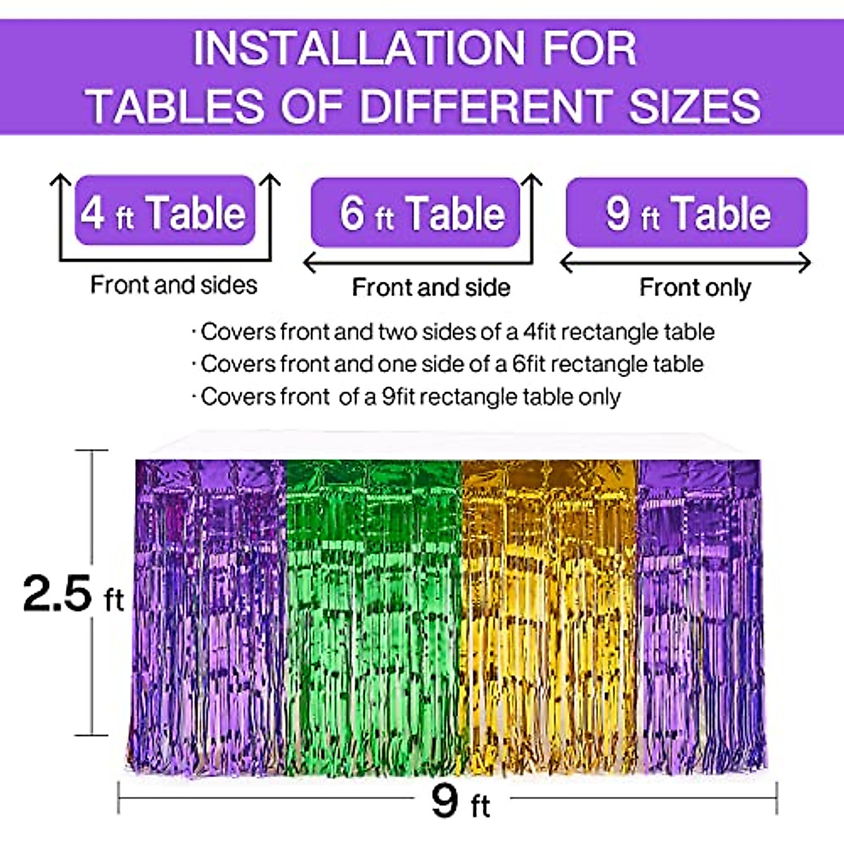 PartyWoo Mardi Gras Decorations, 2 pcs 2.5x9.8 ft Mardi Gras Fringe Table Skirt, Green Purple Gold Splicing Foil Fringe Tinsel for Mardi Gras Party Decorations, Mardi Gras Backdrop, Table Decorations
