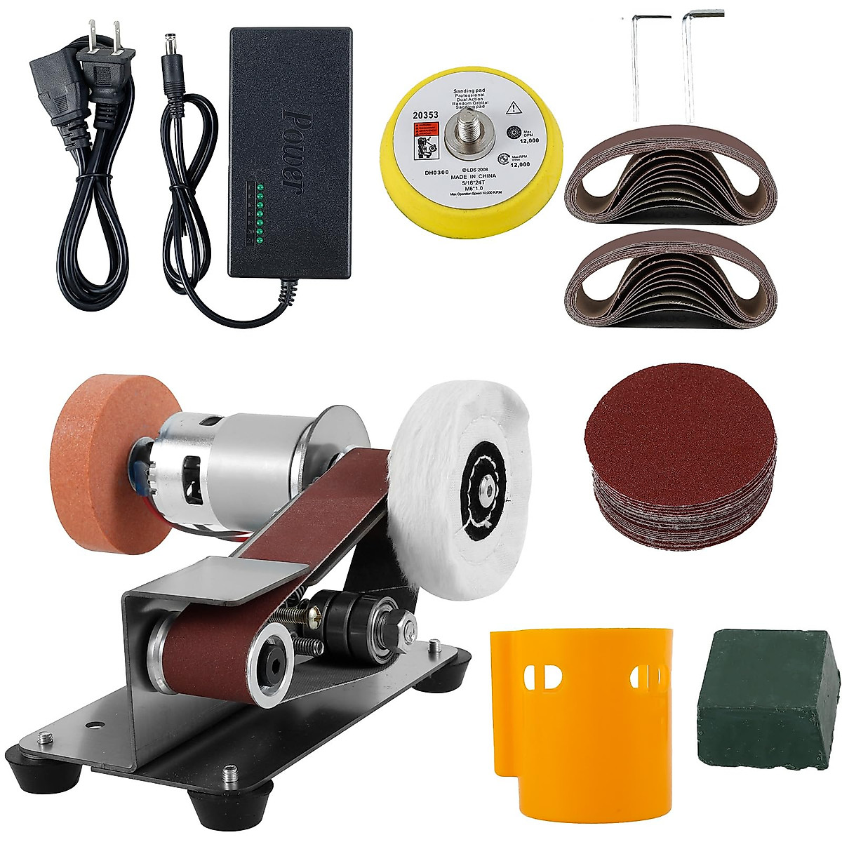 Mini Belt Sander, 15° Electric Knife Sharpener Bench Grinder Sanding Machine, 7 Adjustable Speed Electric Belt Grinder, Low Noise Cutter Sharpener Sander, Polishing Grinding Machine for Metal Jewelry