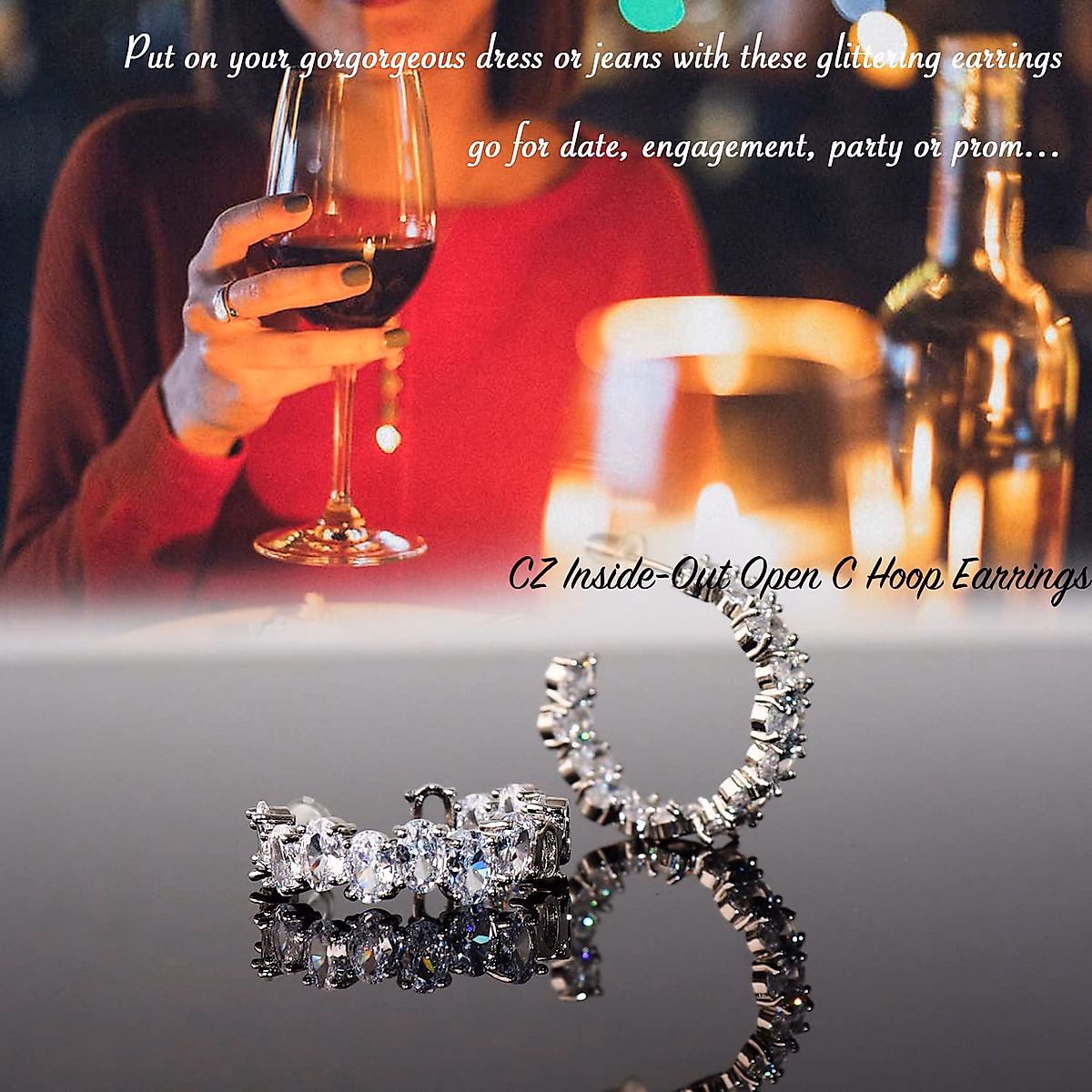 Cubic Zirconia Hoop Earrings for Women - CZ Inside-Out Open C Hoop Earrings with 14k Gold Plated Sterling Silver Post for Daily Party Wedding (Silver)