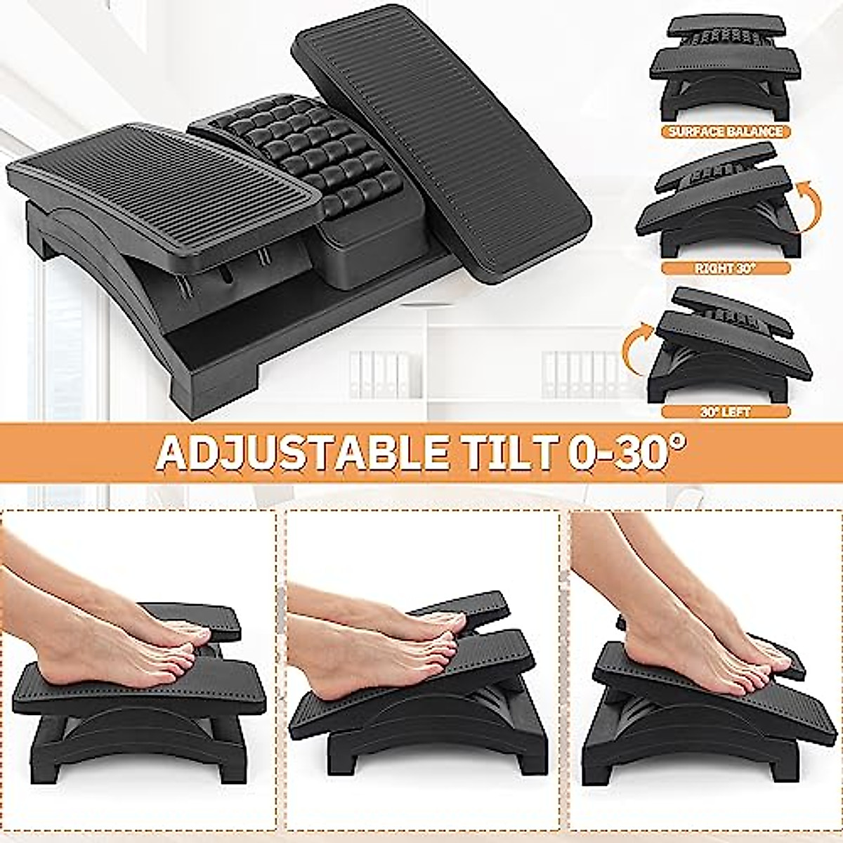 Footrest Under Desk Adjustable Pressure Relief Footrests with Massage Roller Ergonomic Foot Rest for Home, Office Use