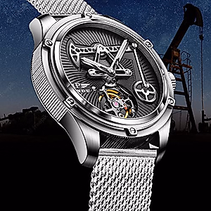 PINDU Automatic Watches for Men, Self-Designed and Modified 8215 Movement Oil Well Digging Design 50M Waterproof Analogue Watches Mens Unique Cool Mechanical Watch (Black Dial Silver Mesh Strap)