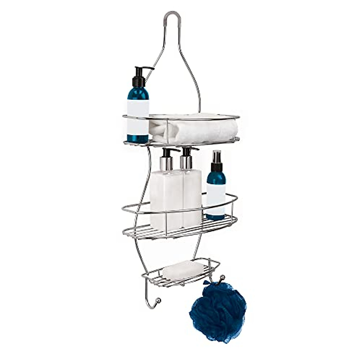 Splash Home Malka Shower Caddy Bathroom Hanging Head Two Basket Organizers Plus Dish for Storage Shelves for Shampoo, Conditioner and Soap - Chrome, 25.5 x 4.5 x 11.5