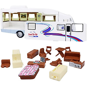 HAPTIME Cool Mini Motorhome Toy Die-cast Car Pullback Recreational Vehicle Pull Back RV with DIY Furnitures Holiday Camper Van Model for Kids Children Gift 7.6 inch (White)