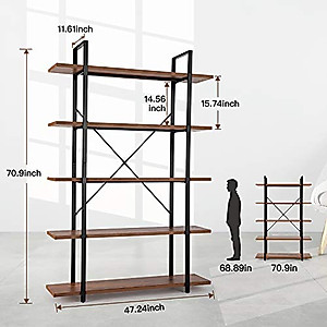 5 tier Industrial Bookshelf, 6 Foot Tall Solid Etagere Bookcase, 72 H x 12 W x 47D Inches, Free Standing Book Shelves for Living Room, Bedroom, Office, Black Metal Frame and Warm Rustic Brown Wood