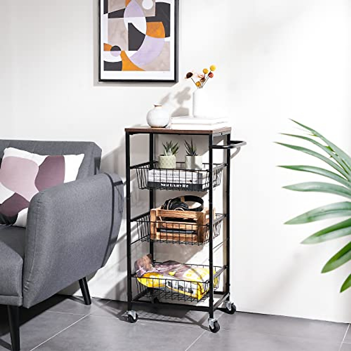 LEGUANG Kitchen Storage Rolling Cart on Wheels, 4 Tier Metal Rolling Utility Carts Microwave Rack with Wooden Tabletop for Kitchen Island, Bathroom, Living Room(Black)