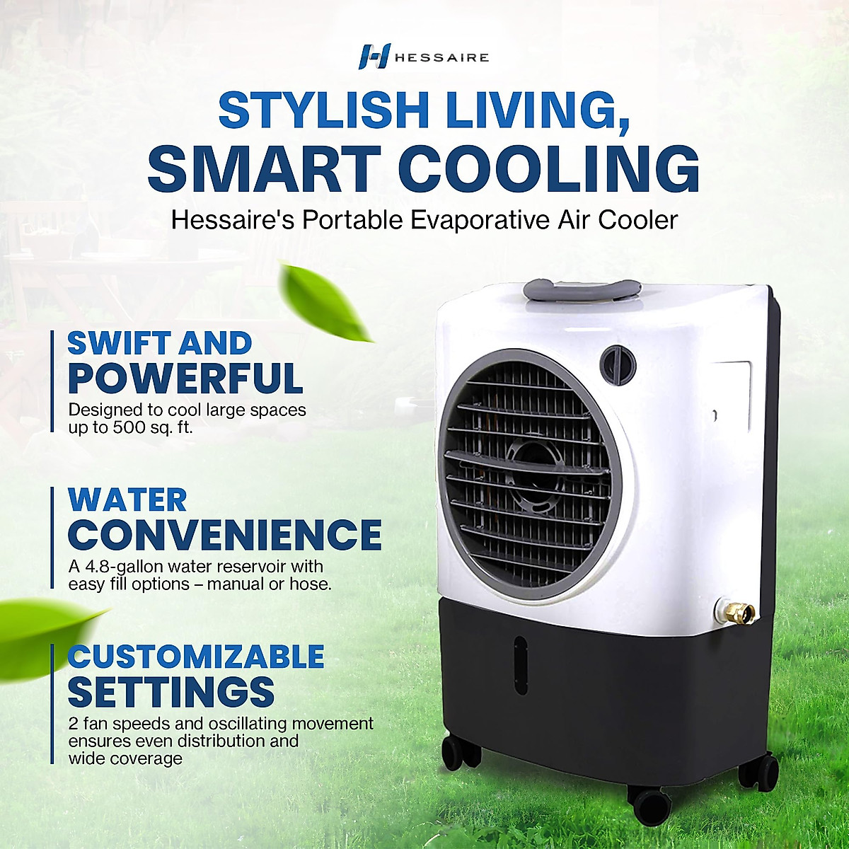 Hessaire Portable Heavy Duty Outdoor Evaporative Air Cooler Humidifier with High Density Grid Media Pad and Water Level Display, White