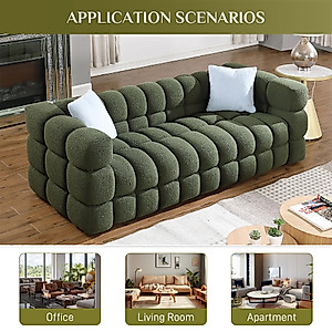 Wrofly Boucle Sofa Couch, 84.3" Comfy Upholstered Sherpa Deep Seat Cloud Couch, Cozy Modern Tufted 3 Seater Couch with 2 Pillows for Living Room Apartment Office, Olive Green