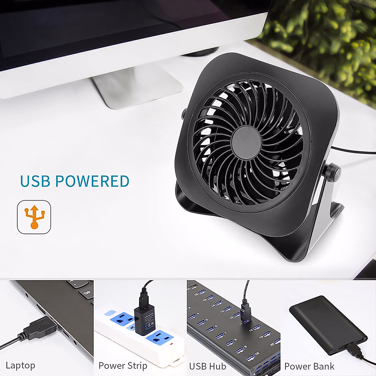 4 Inch Mini USB Desk Fan Quiet, 2 Speeds, Lower Noise, USB Powered, 360° Up and Down, 3.8 ft Cable, Powerful Desktop Fan for Home Office Room