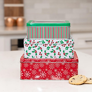 Steel Mill & Co Square Tin Containers with Lids, 3 Pack Christmas Cookie Tins, Festive Cookie Tins for Gift Giving & Holiday Treats, Metal Box Nesting Containers, Large Medium Small, Snowflake