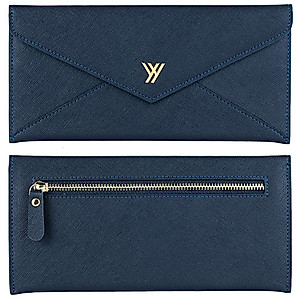 YBONNE Women's Long Wallet RFID Blocking Envelope Purse, Made of Saffiano Leather (Dark Blue)