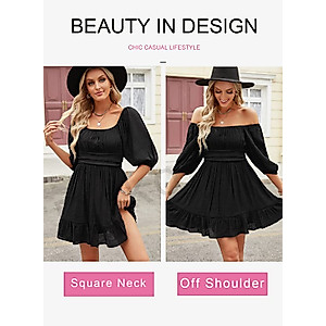 Dokotoo Square Neck Black Dresses for Women Tie Back Sexy Dress Lantern Sleeve Ruffle A-Line Mini Dress Wedding Guest Casual Summer Dresses for Women Medium
