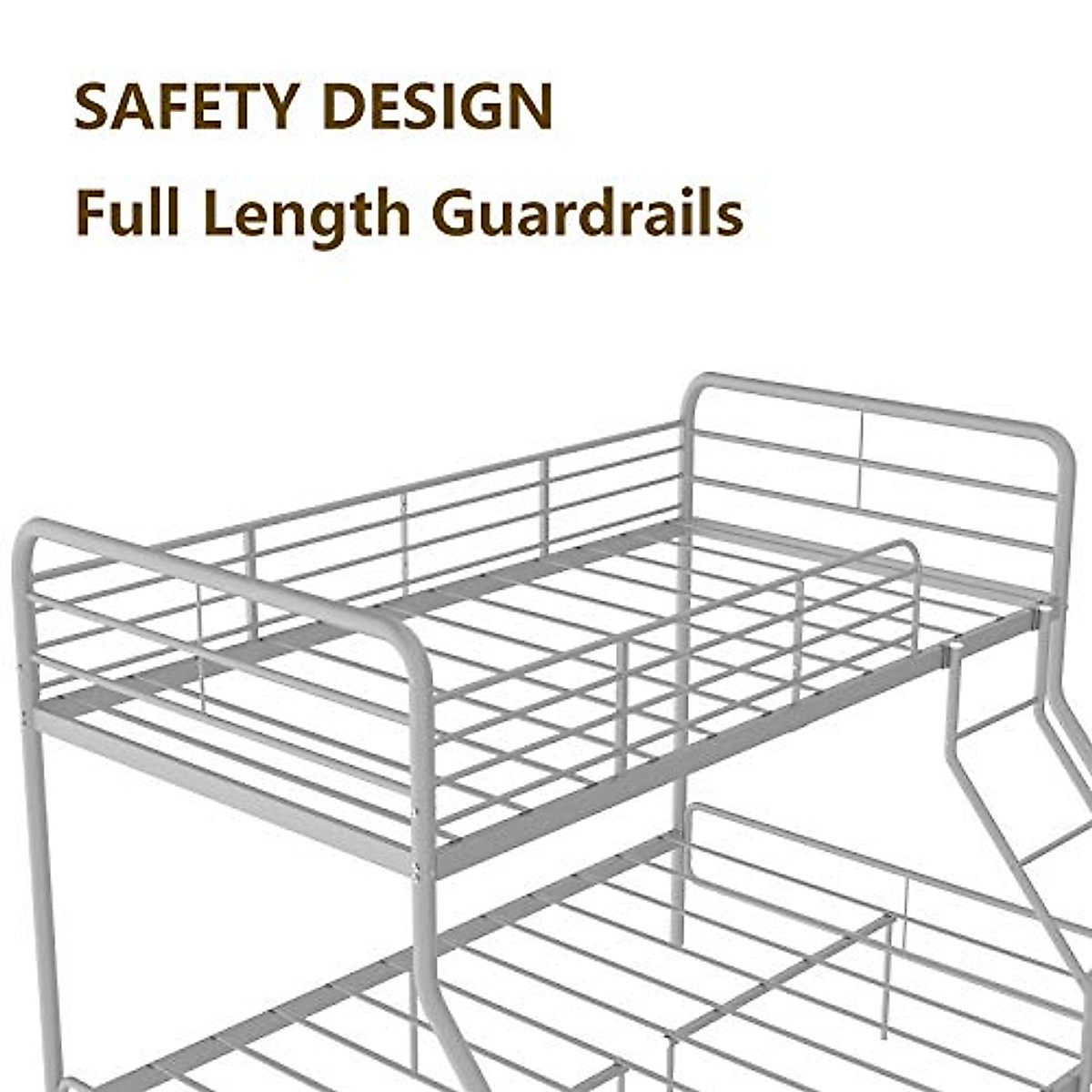 Bunk Bed Twin Over Full, Heavy Duty Metal Bunk Bed Frame with Guard Rail & Flat Ladder Stairs, Space-Saving, No Box Spring Needed (Silver)