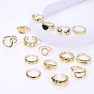 HAIAISO 16Pcs Gold Chunky Dome Ring Set for Women 18K Gold Plated Stackable Open Link Ring Trendy Braided Twisted Geometric Heart Signet Ring Adjustable Band Ring Minimalist Statement Over 3 Years Old