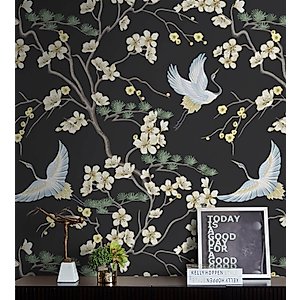 Micpolo Peel and Stick Wallpaper Black Floral Contact Paper Flowers and Birds Wall Paper Self Adhesive and Removable 16.1"x78"