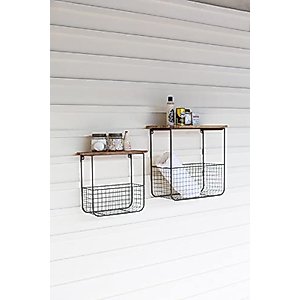 KALALOU CQ7385 Set of Two Wire Basket Shelves Wthi Recycled Wood Tops, Brown