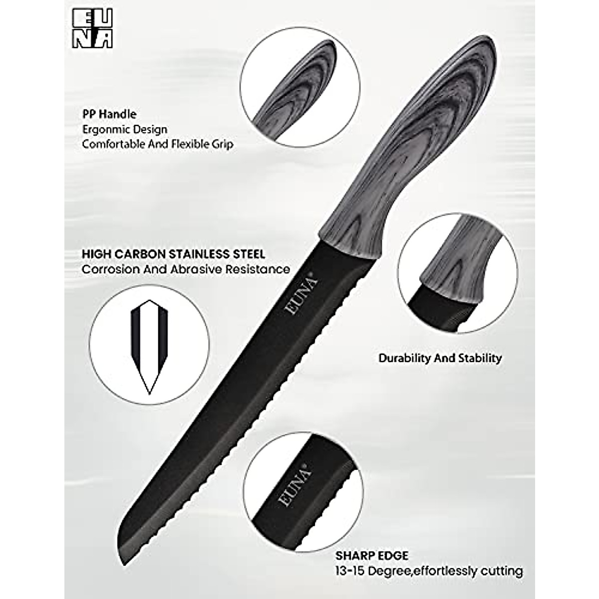 EUNA Serrated Bread Knife, 8 Inch Bread Cutter With Sheath & Gift Box, Stainless Steel Utility Knife for Slicing Homemade Bread, Bagels, Cake, Non-stick Coating