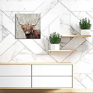 Kas Home Highland Cow Wall Decor Farmhouse Canvas Wall Art Picture Painting Wall Artwork Framed Country Home Decor for Living Room Bathroom Bedroom Kitchen Office (White - Bull01, 12 x 12 inch)