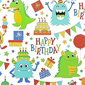 Happy Birthday Little Monsters Wrapping Paper Set of 4 Sheets Folded Flat 20x28 inches Per Sheet For Boys Kids Girls Men Women, Colorful Gift Wrap Paper For all Birthday Party Baby Shower Kindergarten Celebrating Occasions