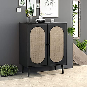 Sideboard Buffet Cabinet, Kitchen Storage Cabinet with Rattan Decorated Doors, 4 Doors Console Table Buffet Cabinets with Adjustable Shelves for Kitchen Dining Room Living Room Hallway(Black,2 Sets)