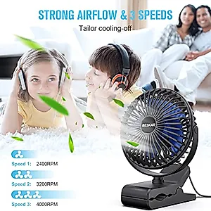 BESKAR USB Clip on Fan, Portable Small Fan with Cord Powered, 3 Speeds Strong Airflow, with Sturdy Clamp, Quiet Personal Desk Fan