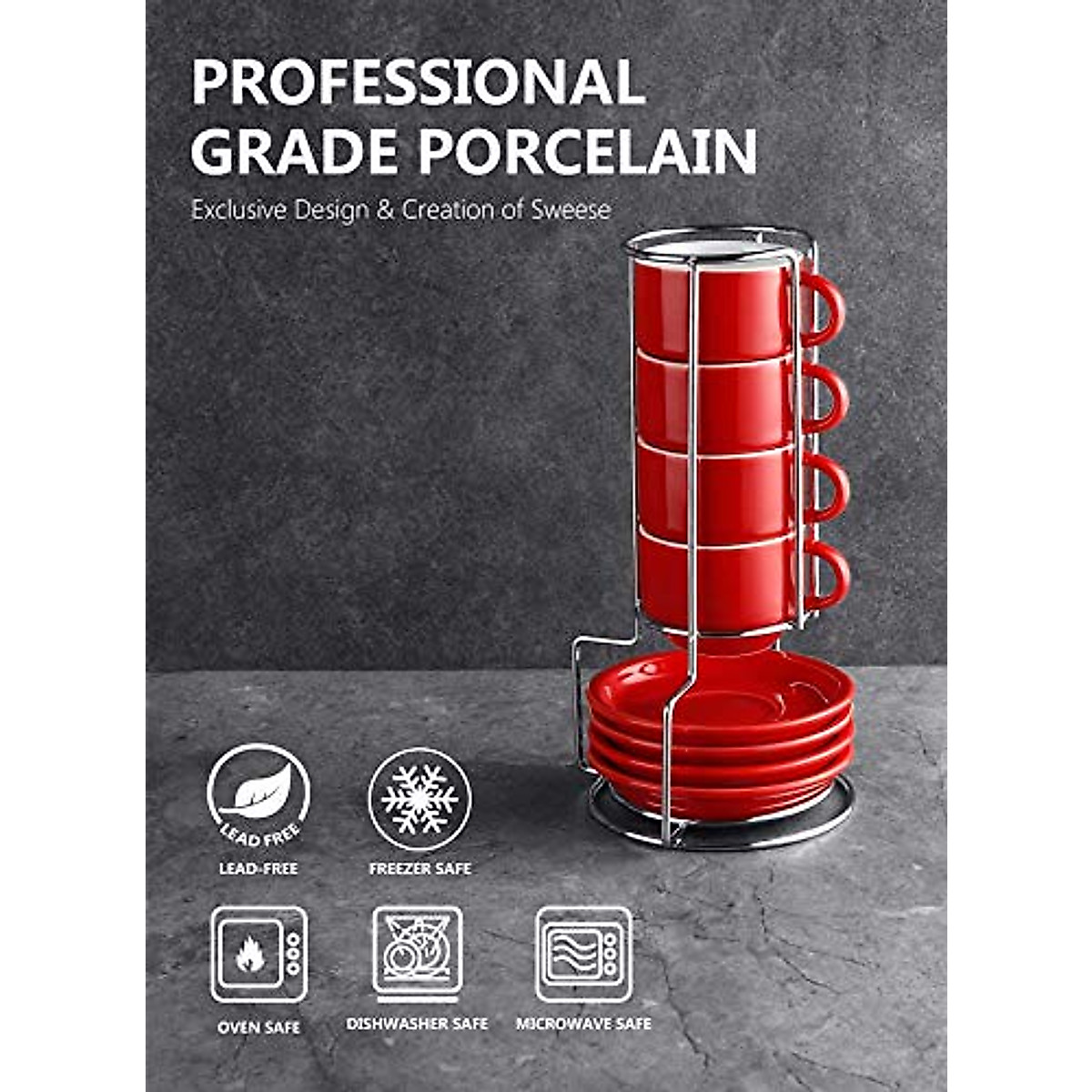 Sweese 4 Ounce Porcelain Stackable Espresso Cups with Saucers and Metal Stand Set of 4, Red - 405.404