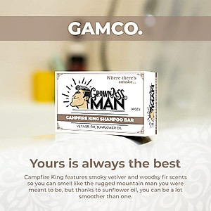 Grown Ass Man Co. - Solid Shampoo Bar Rich Lather 3 in 1: Hair, Beard & Body Wash - Plastic Free & Eco-Friendly, Natural & Organic Clean for All Hair Types, 4oz Bar (Campfire King, Single)