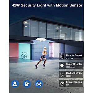 CLY 42W LED Security Lights Motion Sensor Light, 3600LM 5000K, IP66 Waterproof Outdoor Flood Lights, Adjustable Brightness 3 Head Floodlight Remote Control 4 Modes for Garage Yard Eave -White