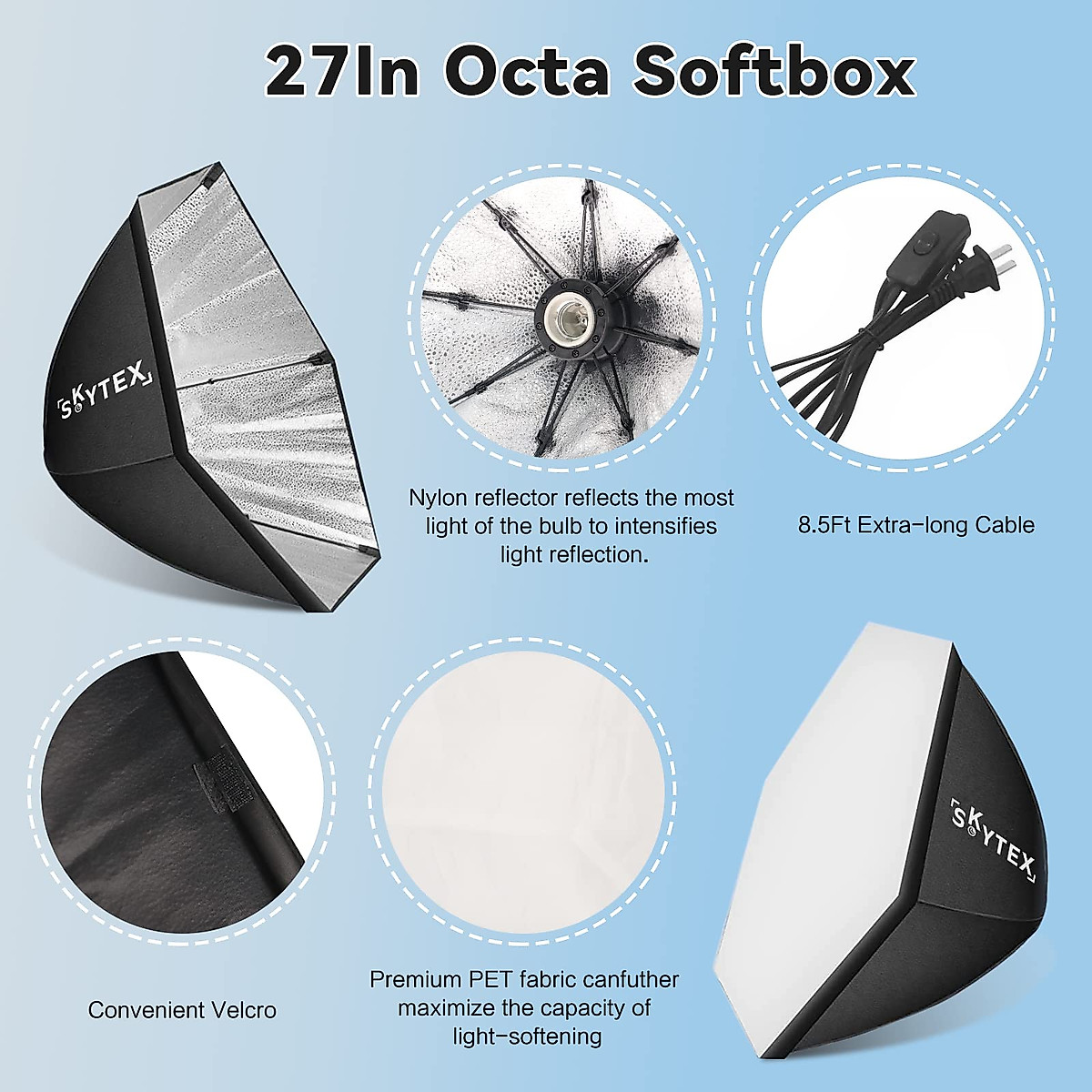 Octa Softbox Lighting Kit, Skytex Upgrade Continuous Photography Lighting Kit with sandbags, 28In Diameter Octa Soft Box | 135W 5500K LED Bulb, Studio Lights for Photo Shooting, Video Recording