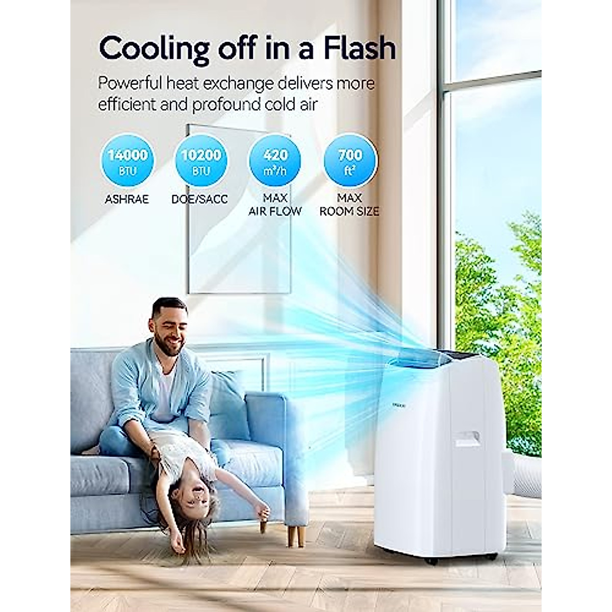 VAGKRI Portable Air Conditioners 14000 BTU ASHRAE (10200 BTU DOE/SACC), 3-in-1 AC Unit with Fan & Dehumidifier Cools up to 700 sq. ft, Smart/Sleep Mode 3 Fan Speeds Auto Swing 24H Timer Remote Control