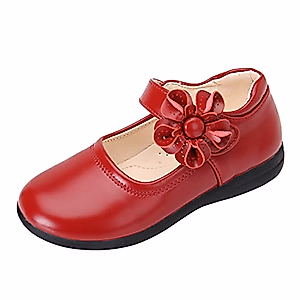 Lykmera Soft Girls Flower Dance Shoes Single Leather Princess Dancing Shoes Children Solid Black Rubber Shoes for Baby Girl (Red, 11-11.5 Years Big Kid)